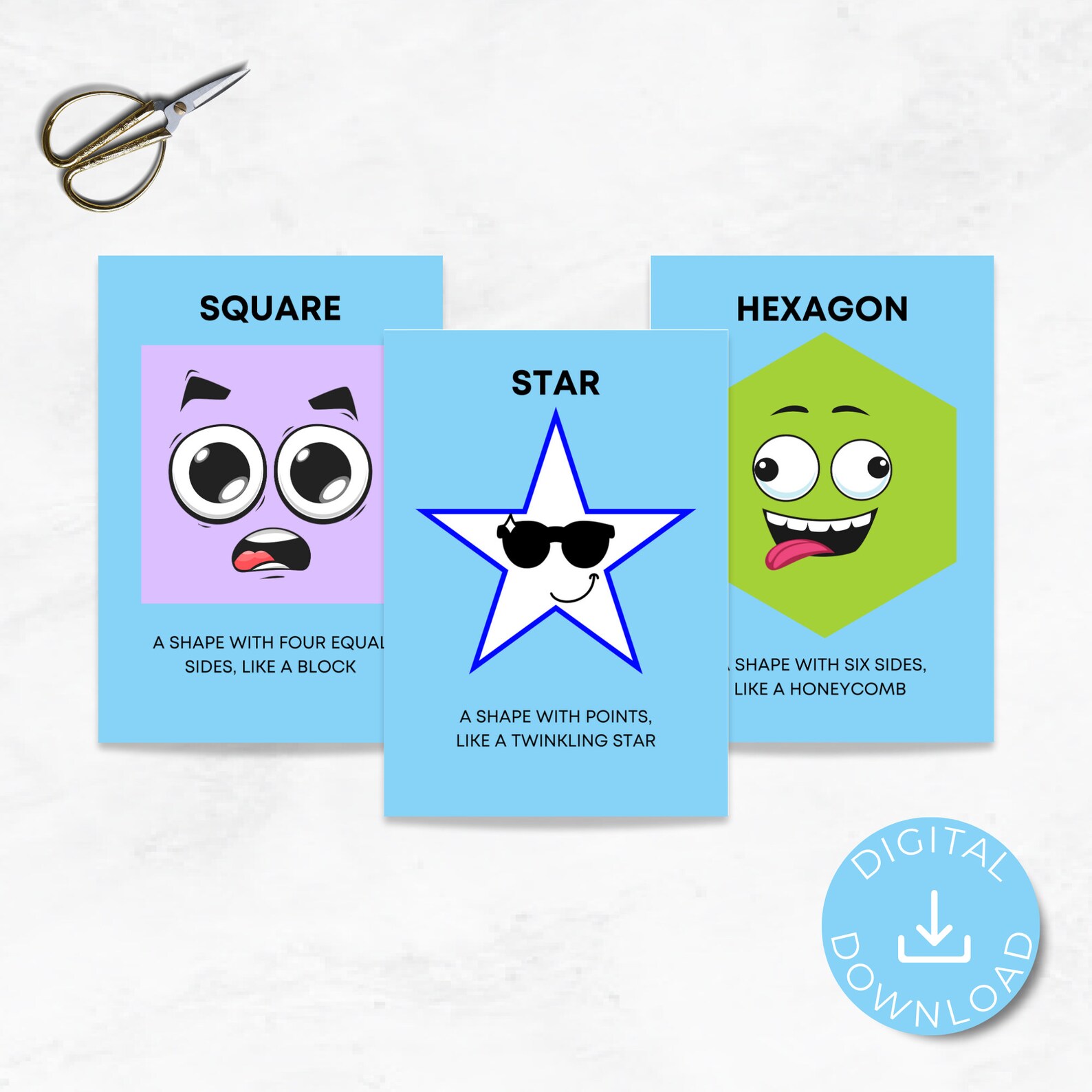 Shapes Recognition Flash Cards - Classroom Visual Shapes, Funny Faces ...