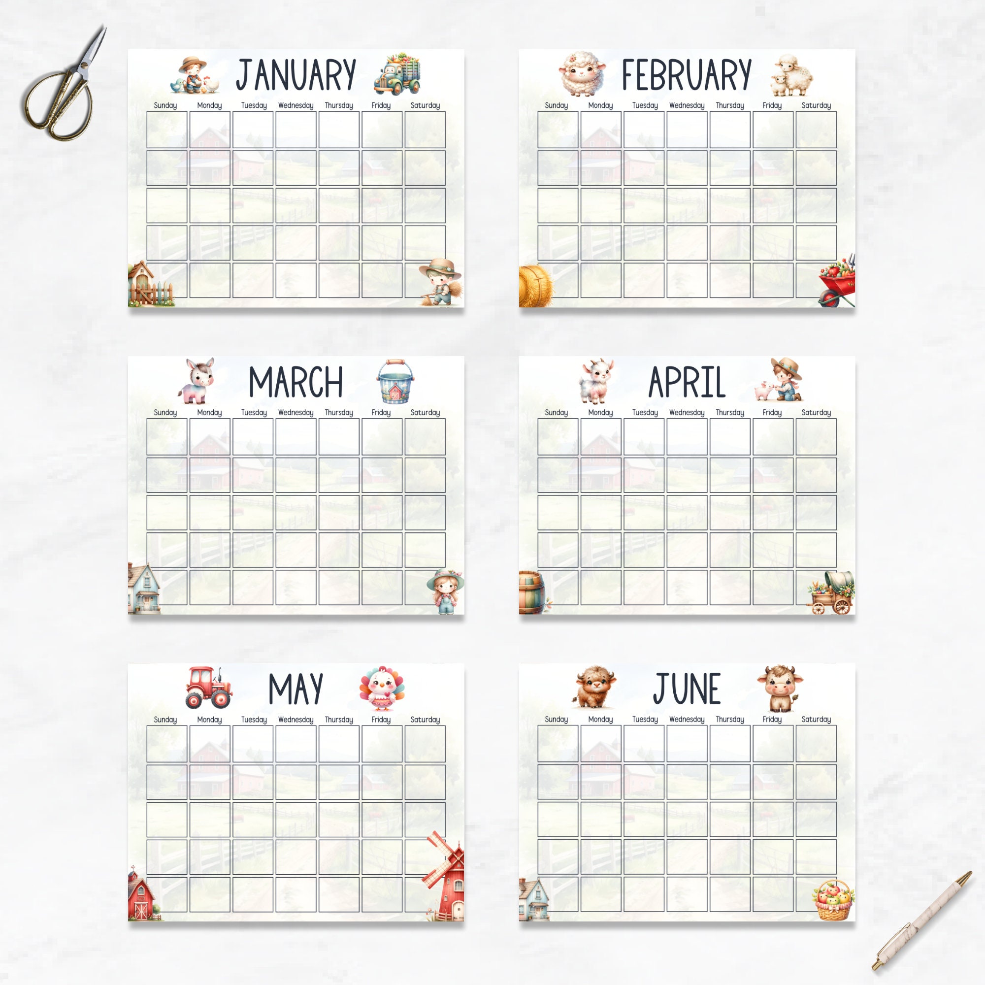 Farm Animals Printable Calendars, Undated Printable Kids Calendars ...