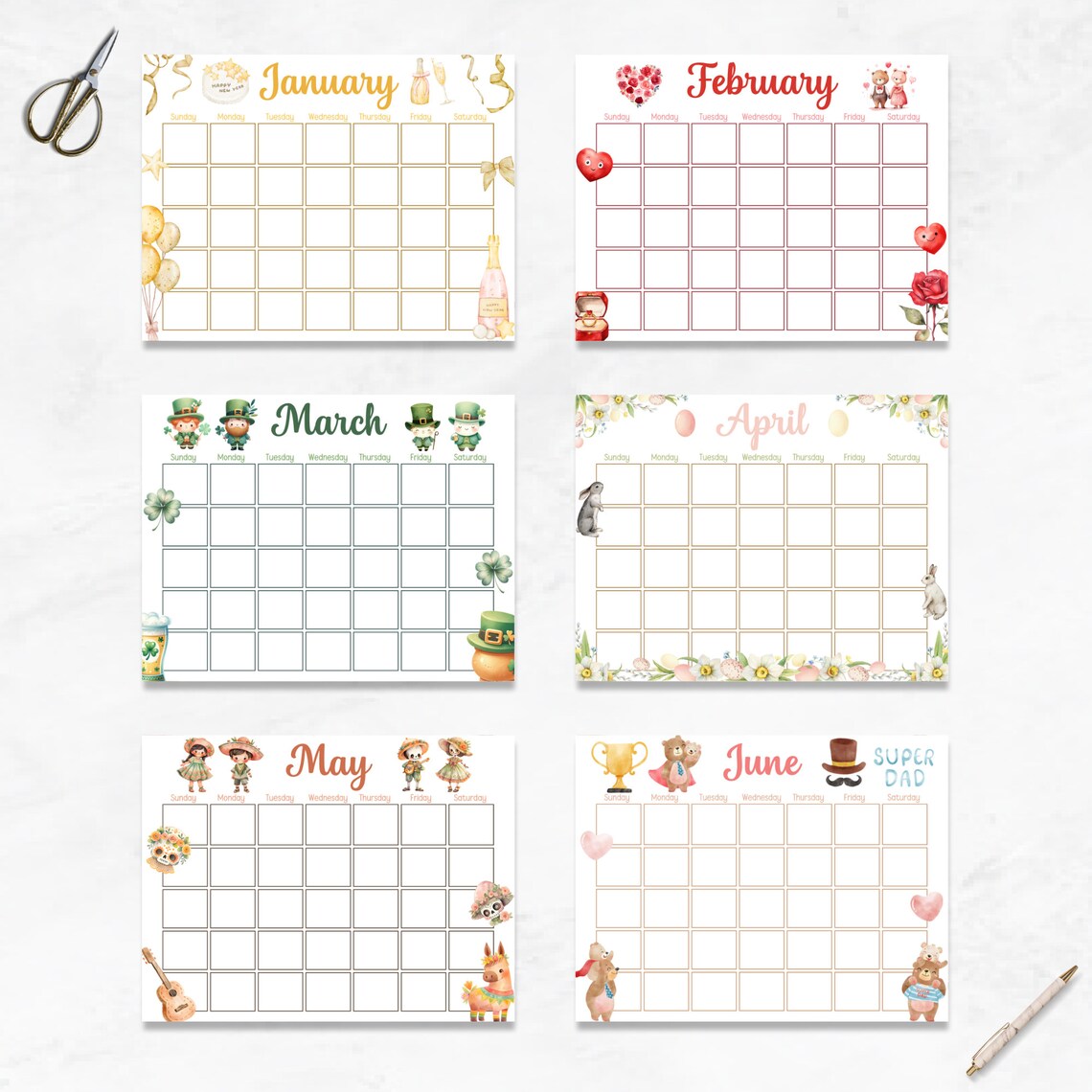 Printable Holiday Calendars for Kids, Homeschool Calendar, Undated ...