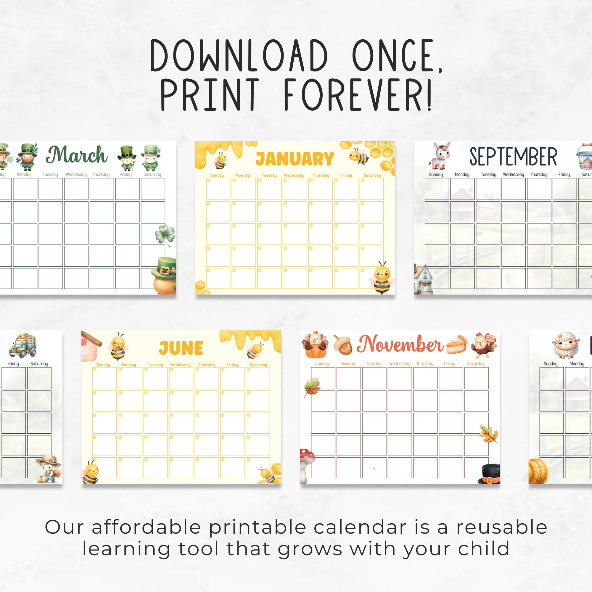 Printable Calendar Bundle for Kids, Undated Printable Kids Calendars ...