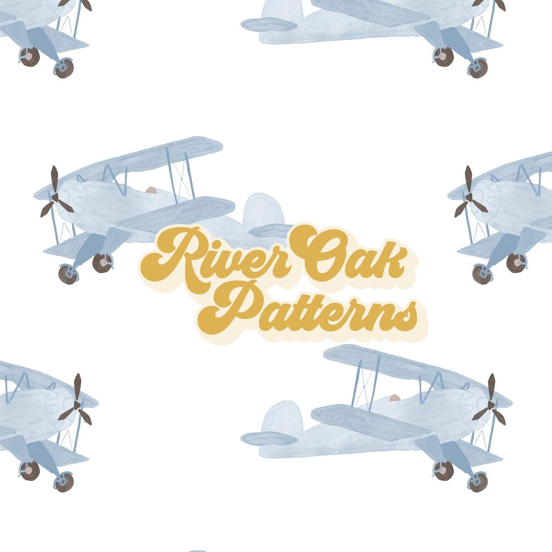 Vintage Plane Seamless Pattern in Dusty Blue Watercolor, Biplane Travel ...