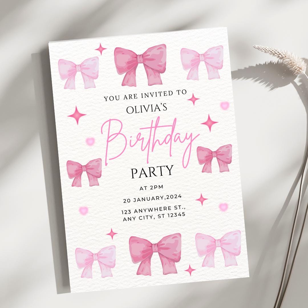 Pink Bow Birthday Invitation Template | Kids Birthday Party Invite ...