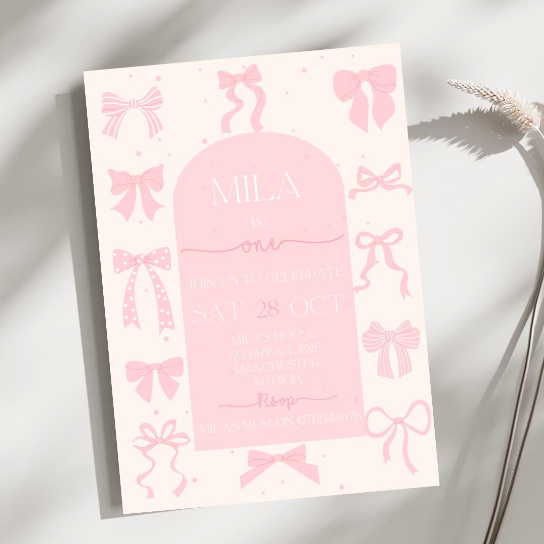 Pink Bow Birthday Invitation Template | Coquette Bow Theme | Minimalist ...