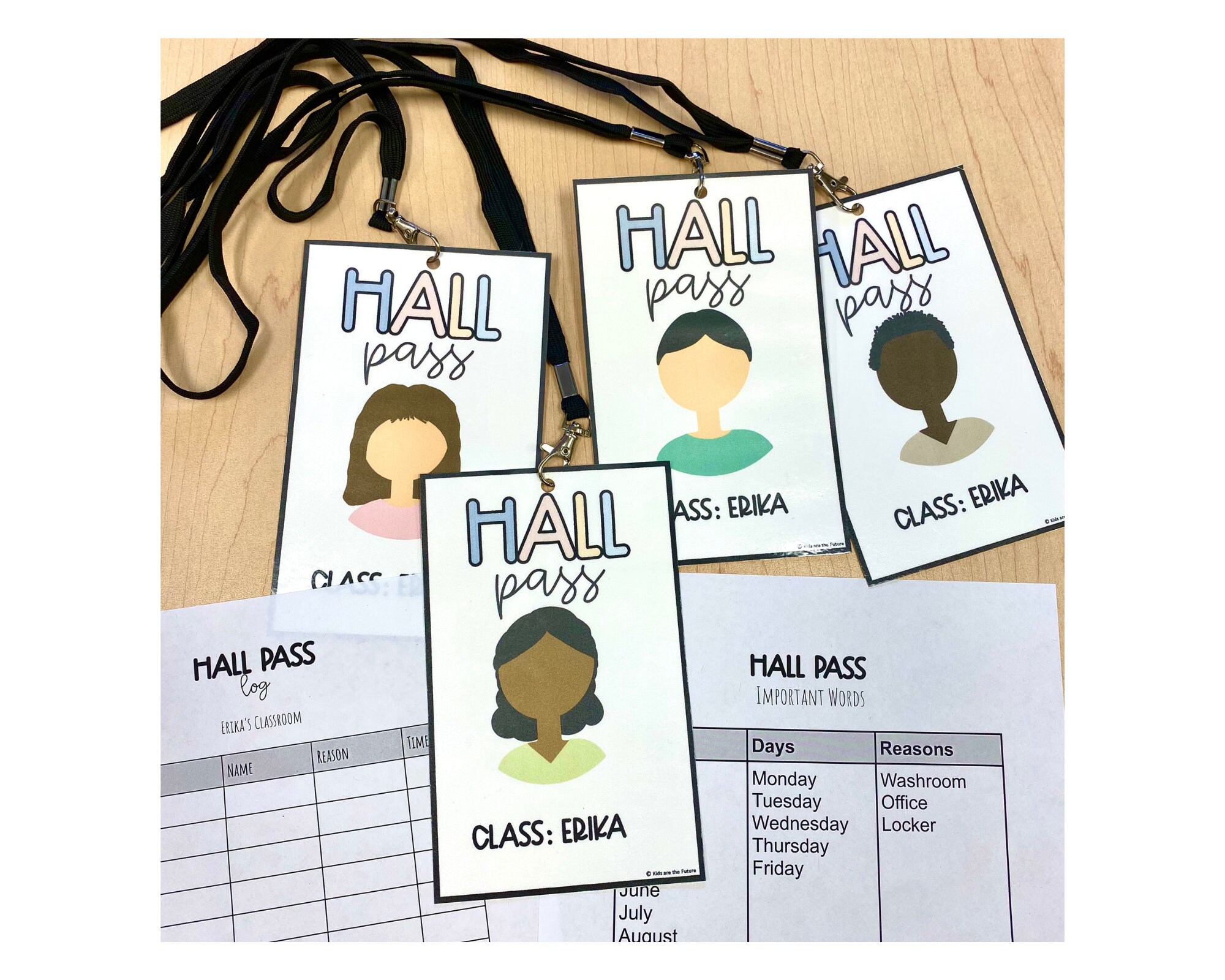EDITABLE Printable Hall Pass Classroom Lanyards & Hall Pass Log Boho ...