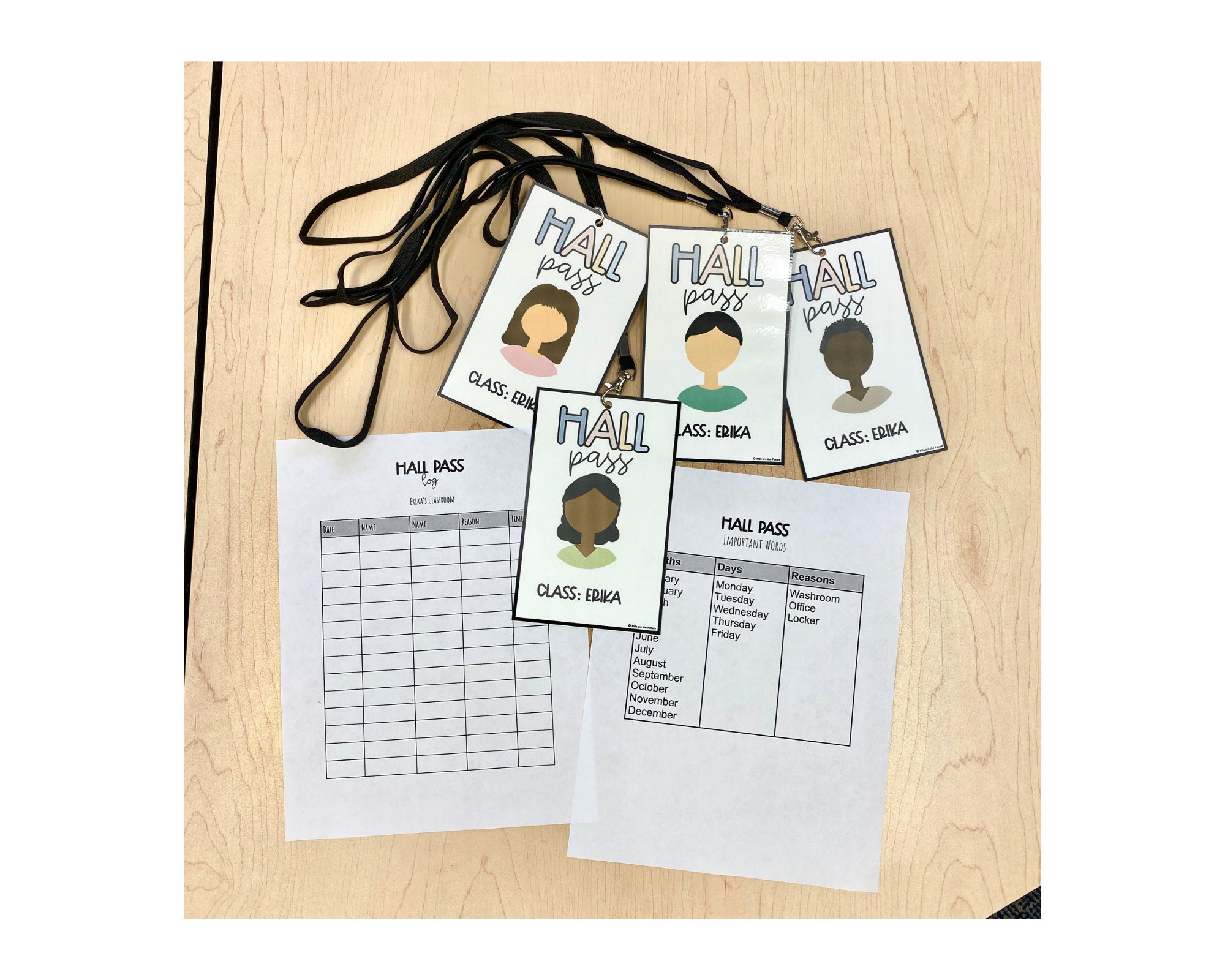 EDITABLE Printable Hall Pass Classroom Lanyards & Hall Pass Log Boho ...