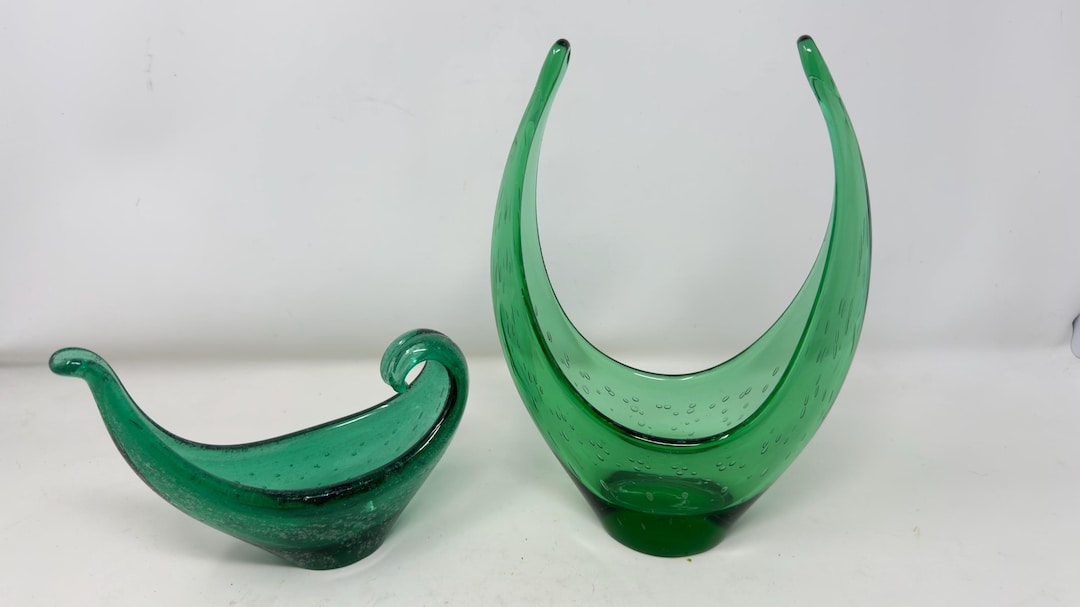 Pair of Canadian Altaglass Green Bullicante Art Glass Baskets - Etsy