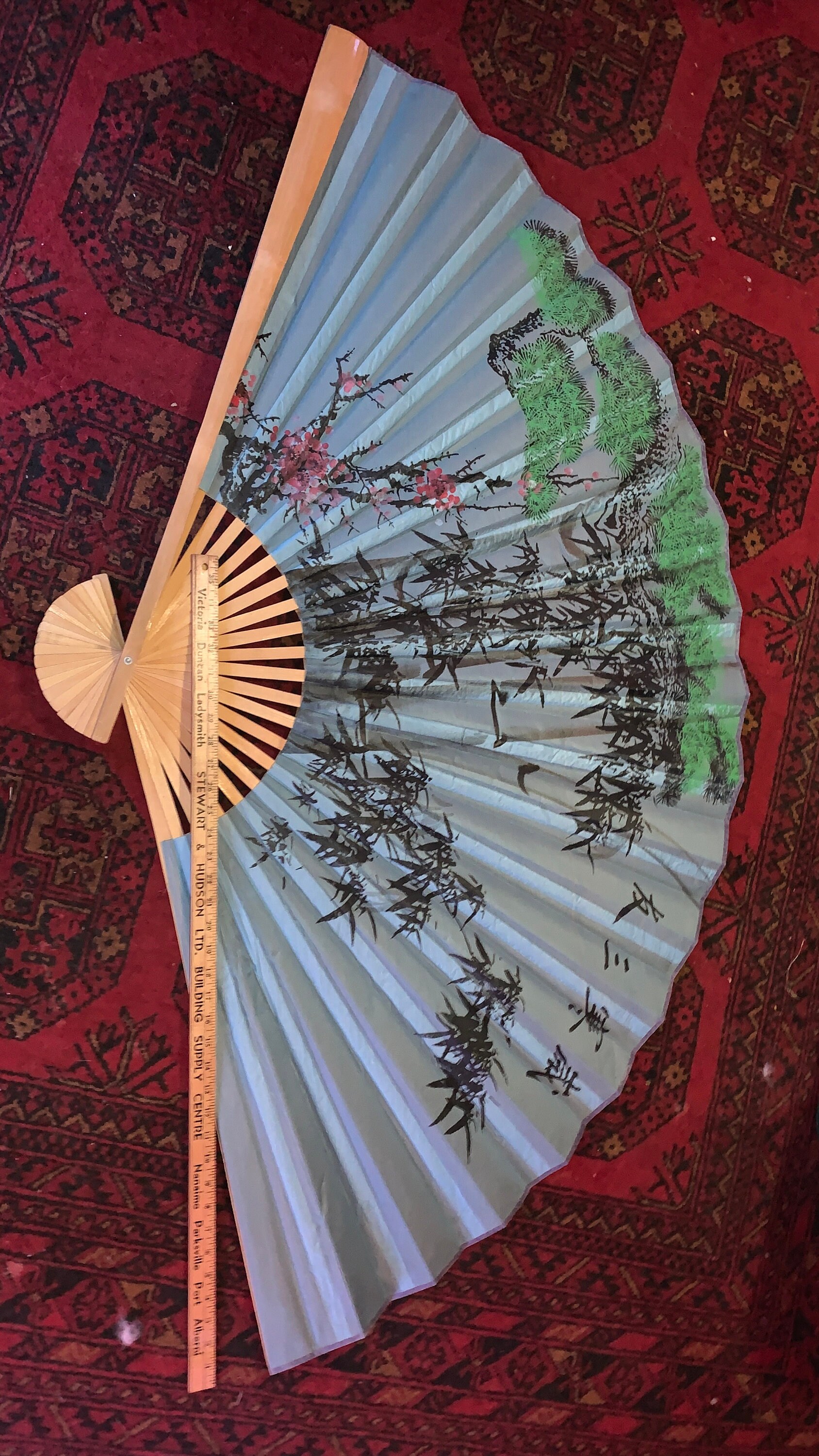 GIANT Wall Fan Chinese Bamboo Scene 60 by 35 Hand Painted on Material ...