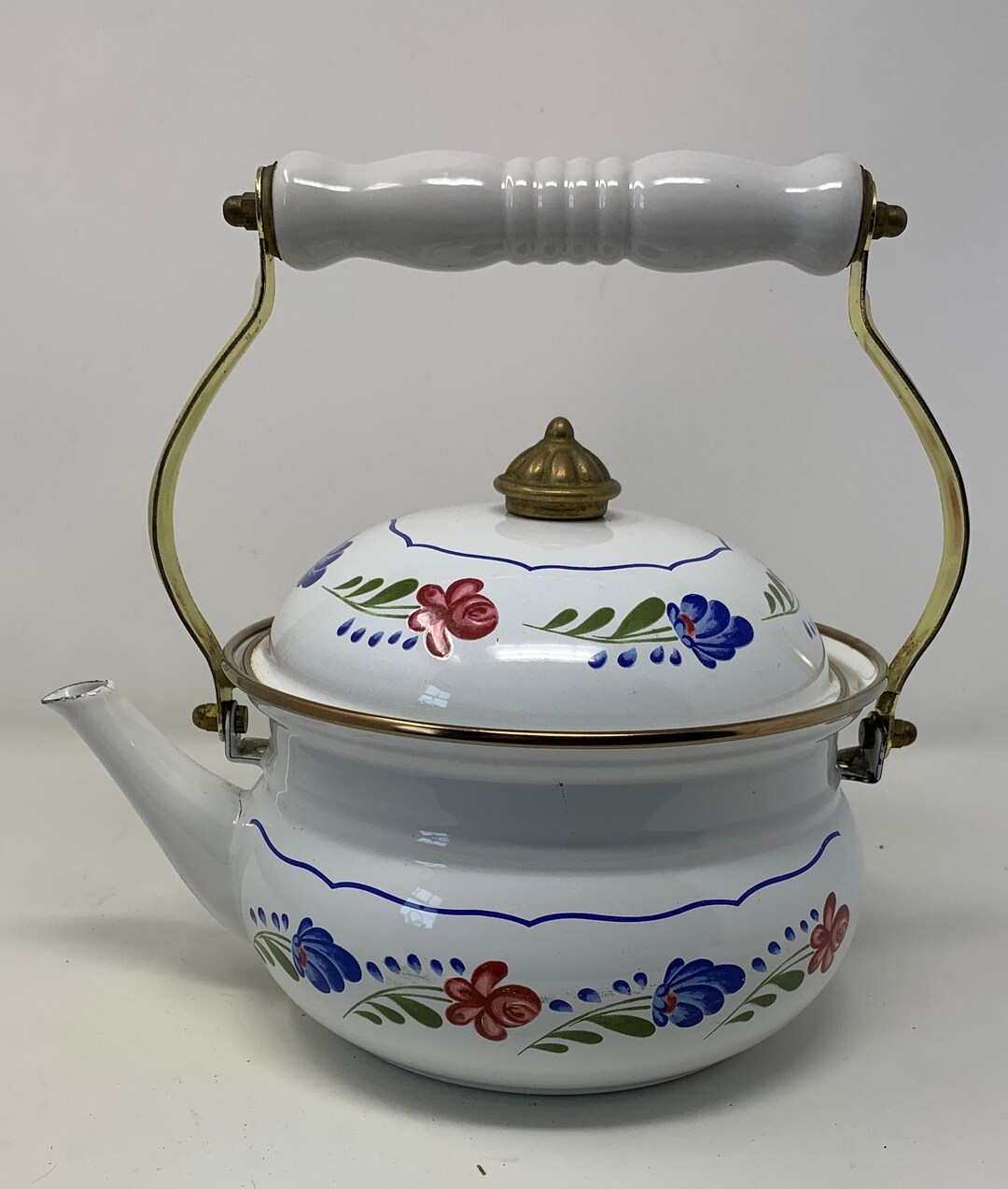 Vintage Enamel Floral Kettle Pot White With Blue and Red Flowers - Etsy