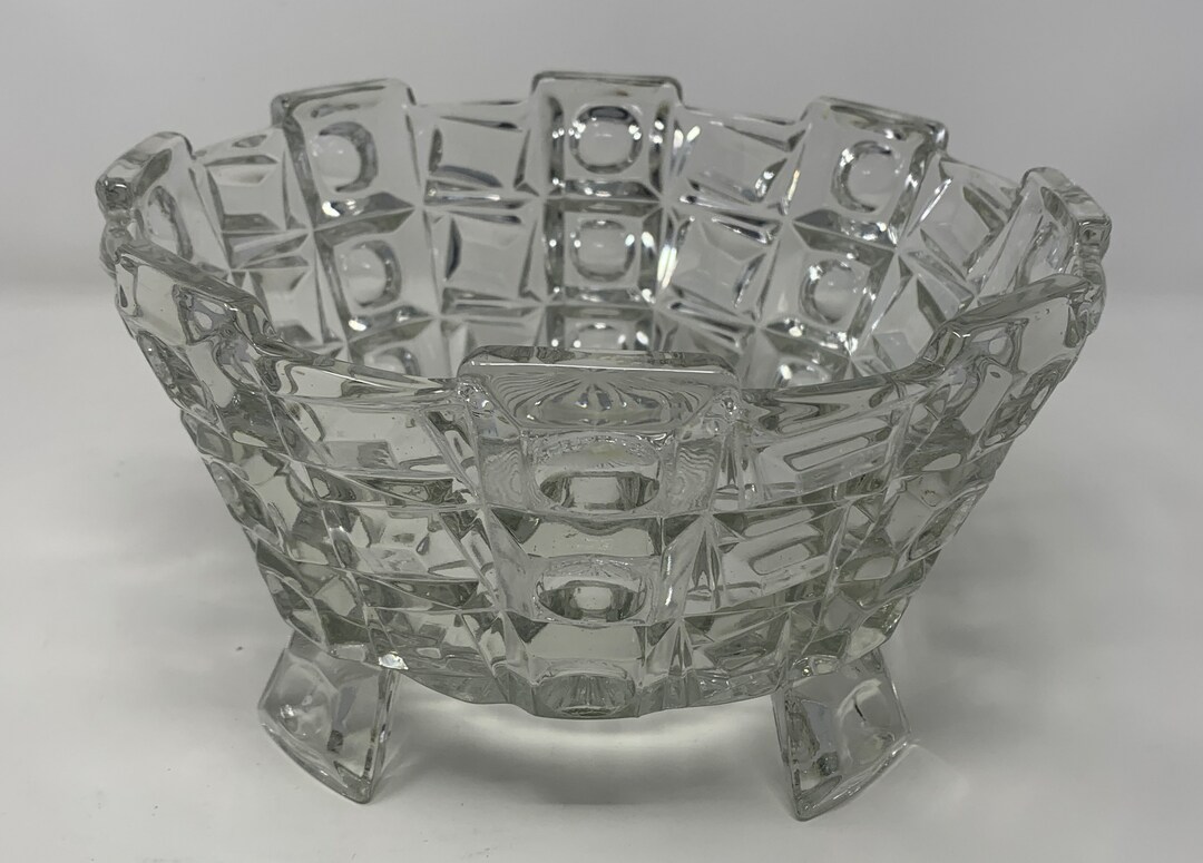 Sklo Union Glass CZECH Deco Inspired Geometric Footed LARGE Glass Bowl ...