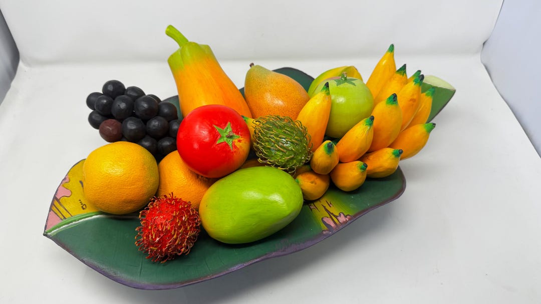 Hand Made in Bali 1990's Carved Wood Tropical Fruit in Bamboo Leaf Bowl ...
