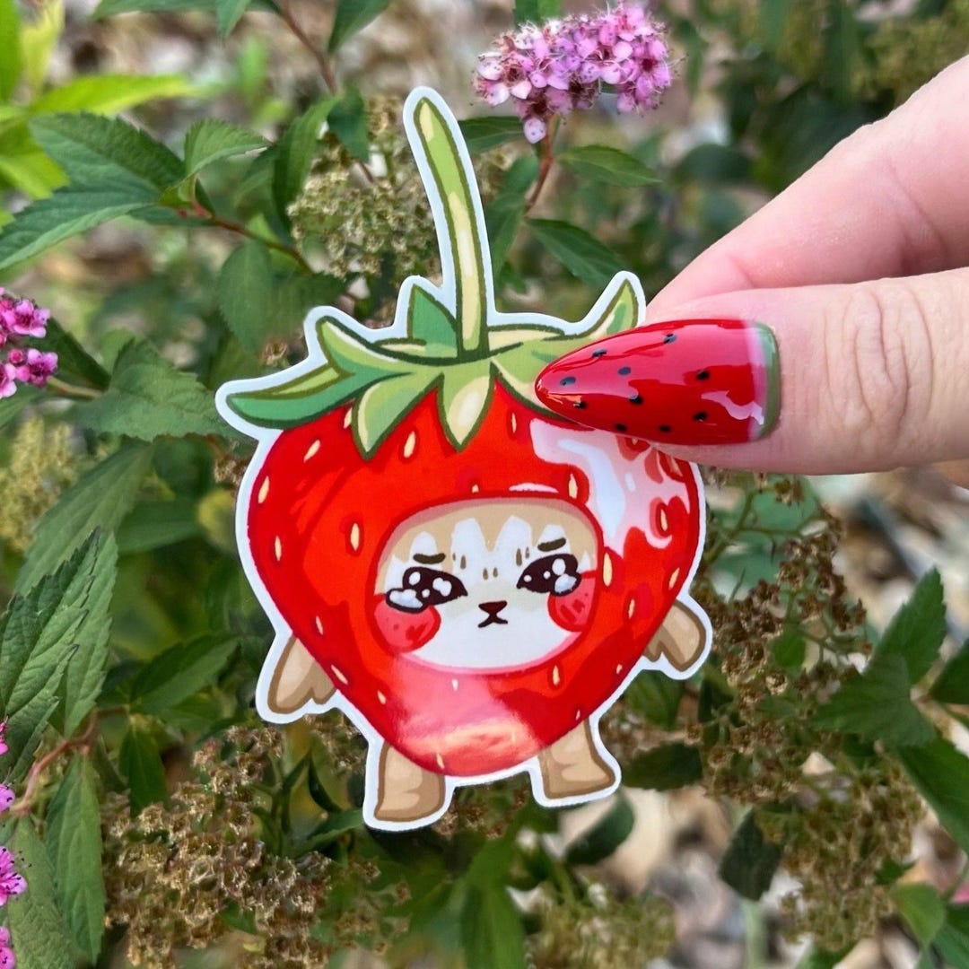 Cute Sad Strawberry Cat Sticker | Cute Cat Sticker | Strawberry Meme ...