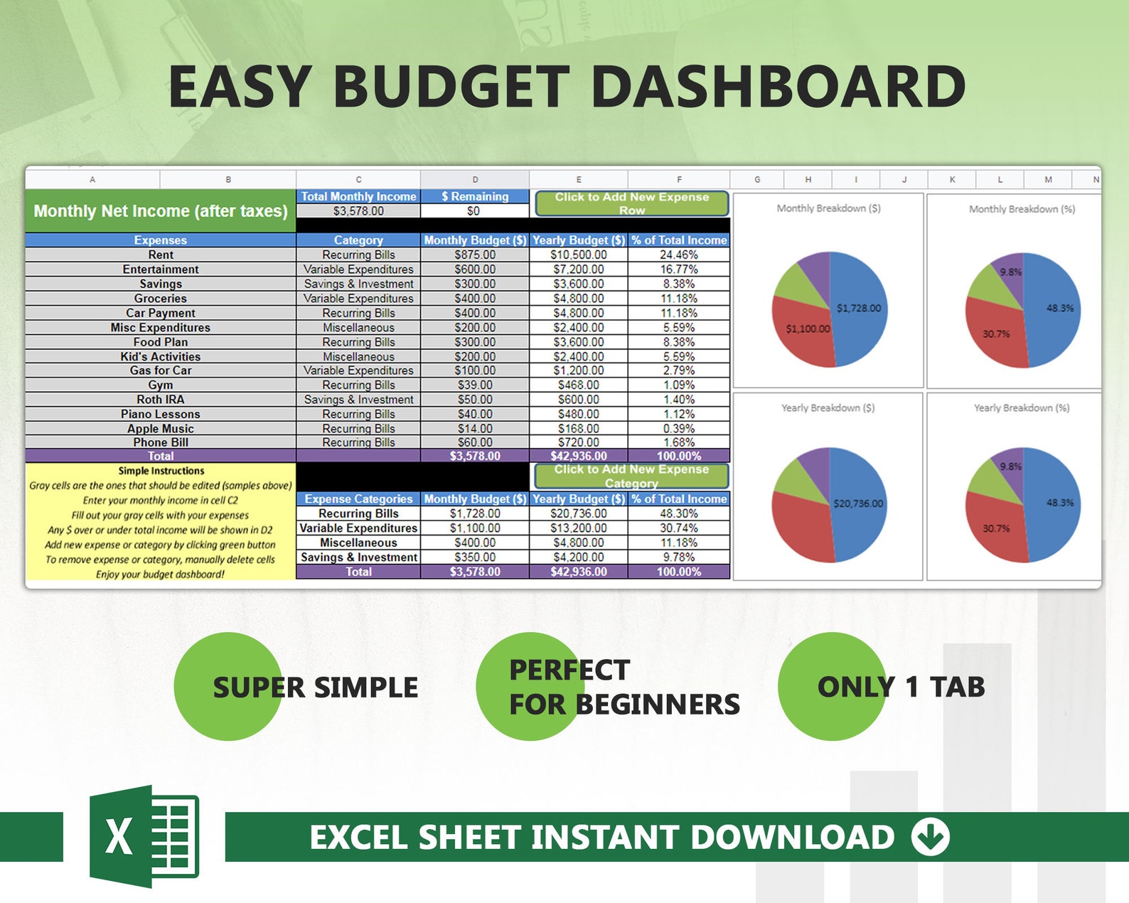 Easy Budget Dashboard for Beginners (excel) - Etsy