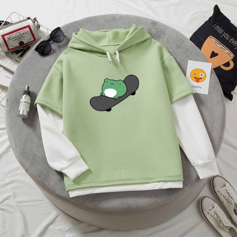 Kawaii Cute Frog Hoodie Soft Warm Graphic Print Pullover Etsy