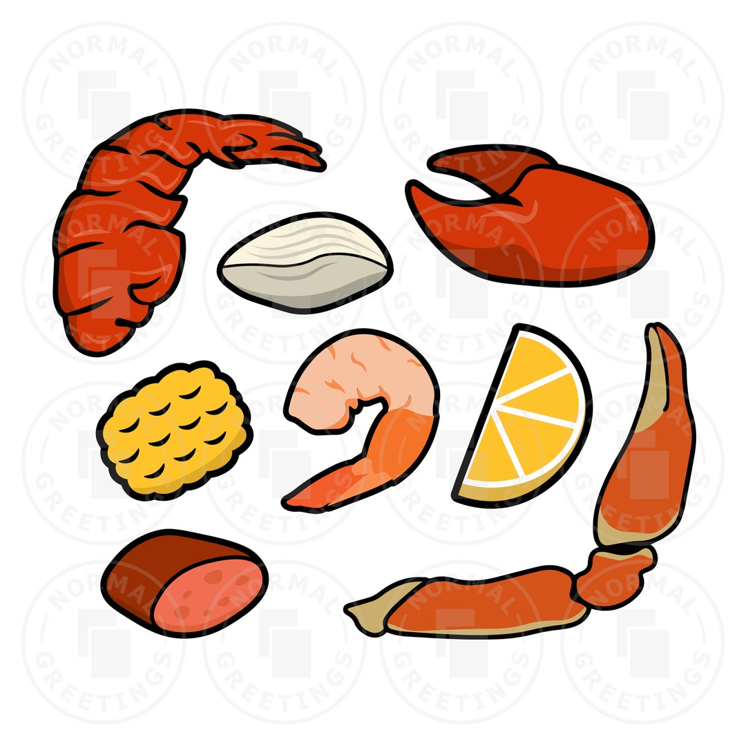 Seafood Boil Bundle Cartoon Drawing Crab Legs Lobster Tail Andouille ...