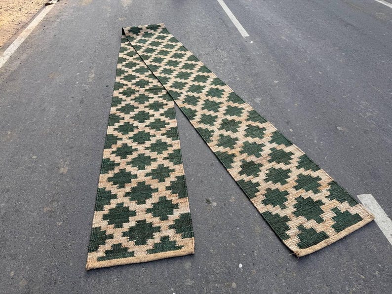 Handmade Long Hamp Jute Runner Rug, Green Geometric Tribal Flatweave ...