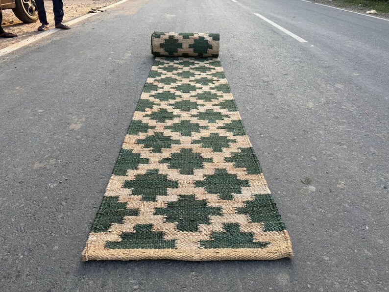 Handmade Long Hamp Jute Runner Rug, Green Geometric Tribal Flatweave ...