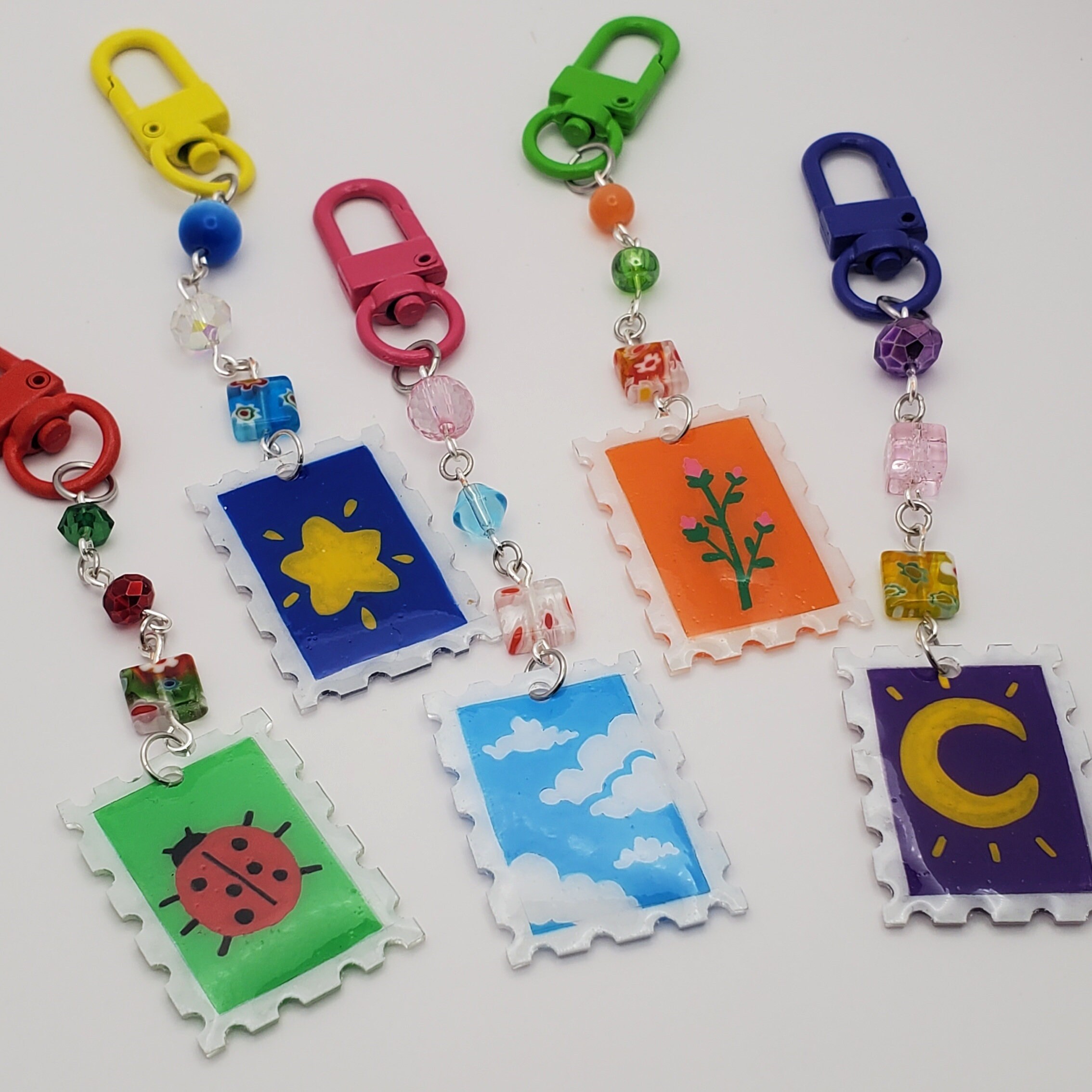 Handmade Postage Stamp Style Shrink Plastic and Beads Keychains ...