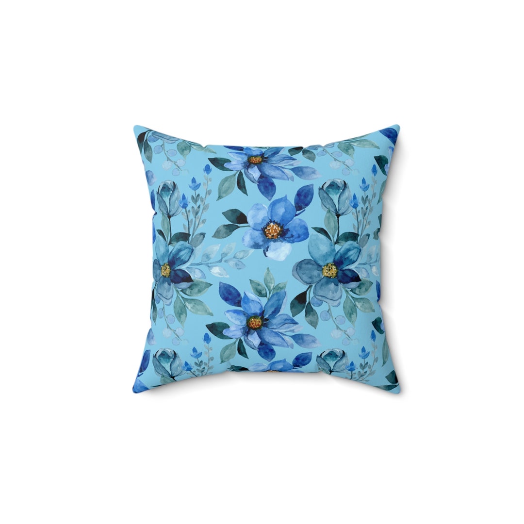 Chic Blue Floral Accent Pillow Elegant Square Cushion for Sofa and ...