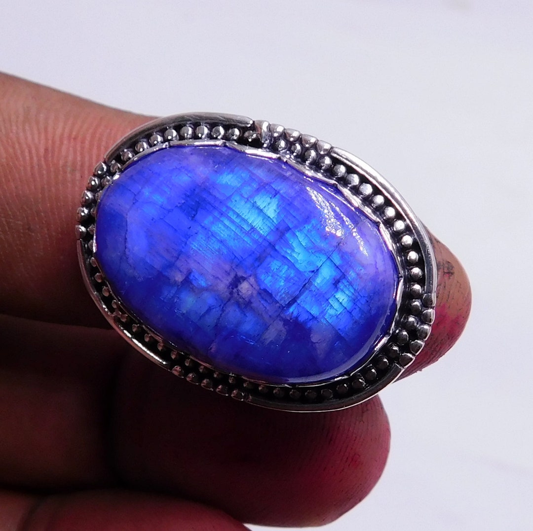 Blue Rainbow Moonstone Ring, Sterling Silver Ring, Beautiful Ring ...