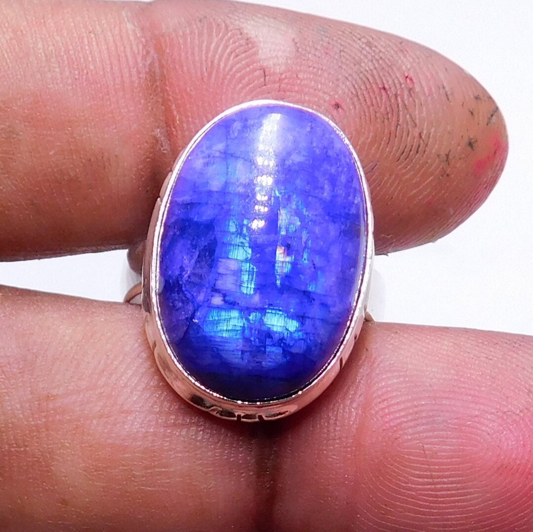 Natural Gemstone Ring Blue Rainbow Blue Flash Moonstone Ring, Sterling ...