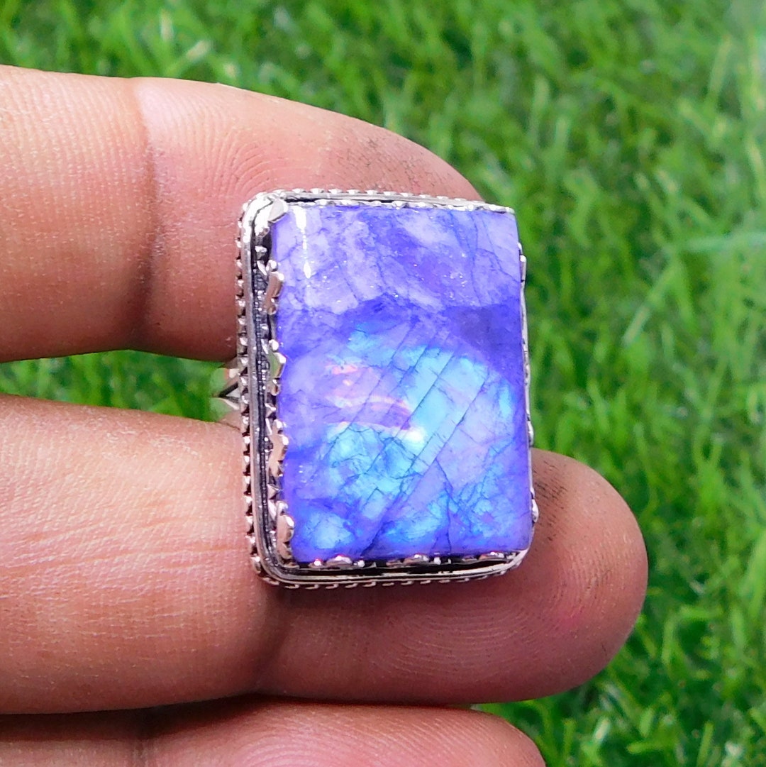 Genuine Moonstone Ring, Blue Moonstone Silver Ring, Handmade Cushion ...