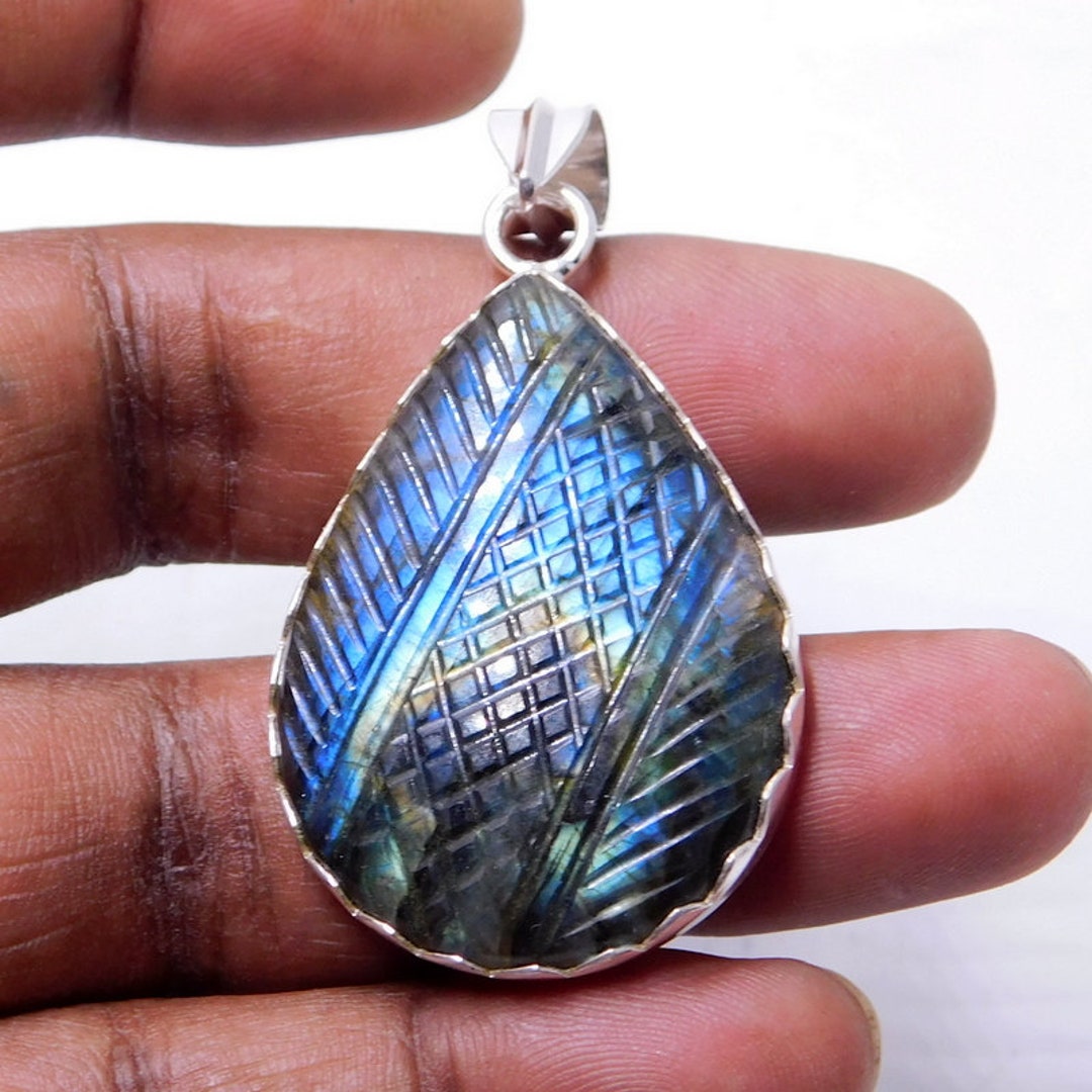 Beautiful Labradorite Carved Silver Pendant Natural Blue Fire ...