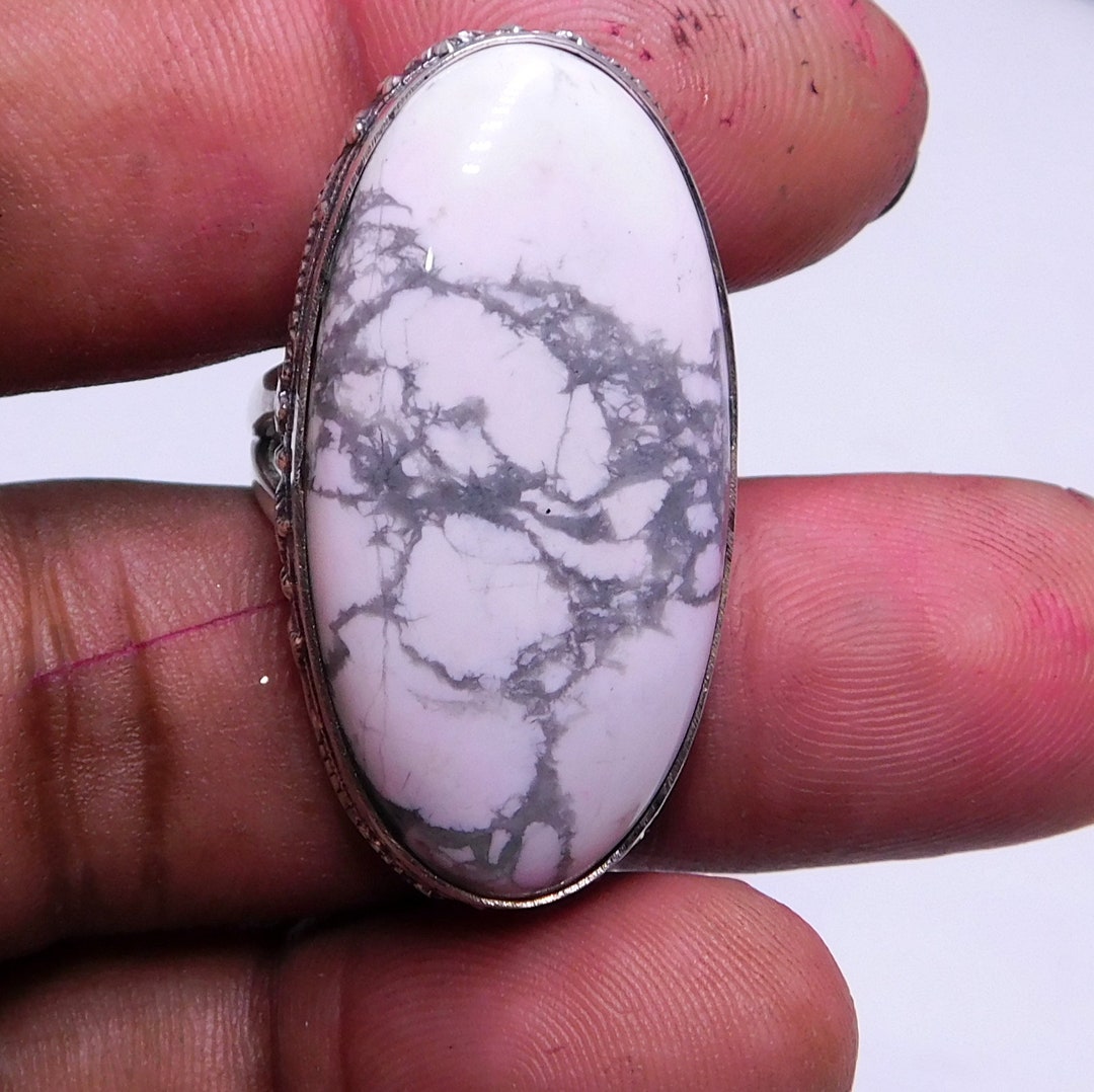 Oval Howlite Ring: Sterling Silver Boho Ring, White Gemstone - Etsy