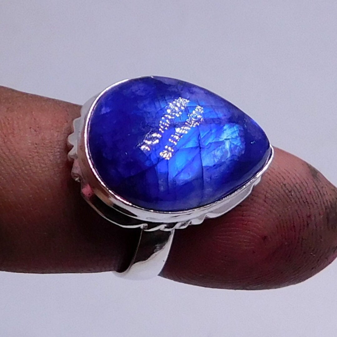 NATURAL Blue Rainbow Moonstone Ring,blue Flash Gemstone Designer Ring ...