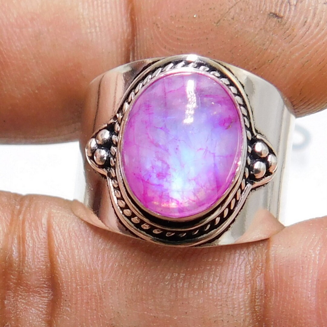 Pink Moonstone Ring: Sterling Silver Bohemian Band - Etsy