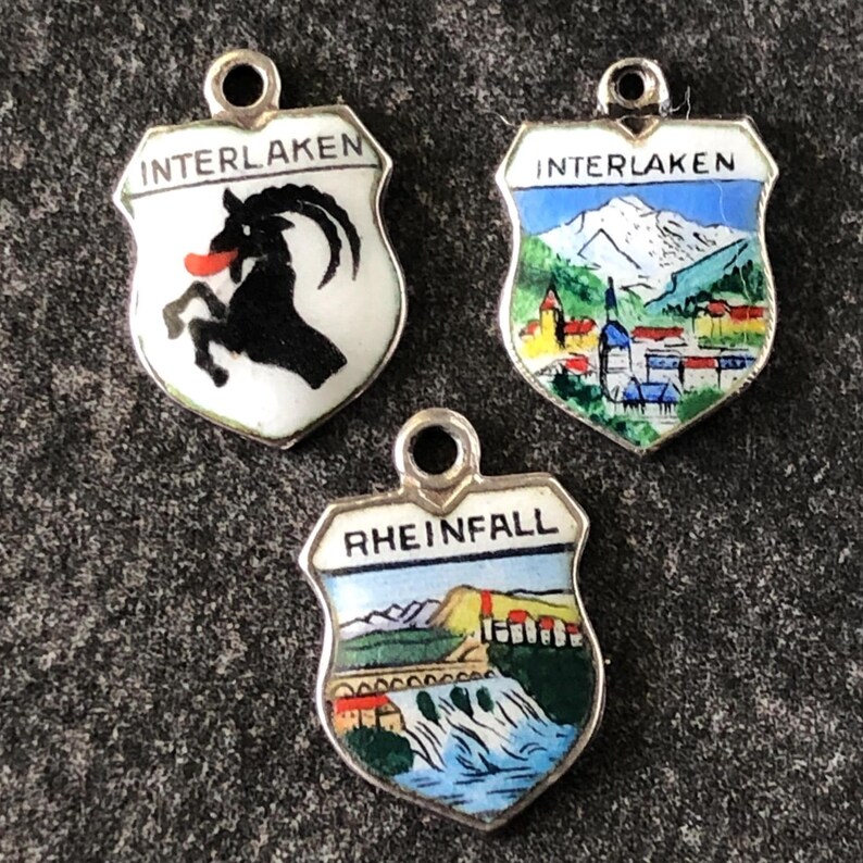 Vintage Silver Enamel Travel Shield Charms Swiss, Switzerland (schweiz ...