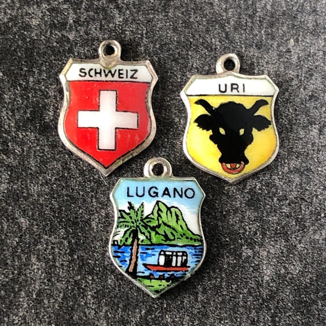 Vintage Silver Enamel Travel Shield Charms Swiss, Switzerland (schweiz ...