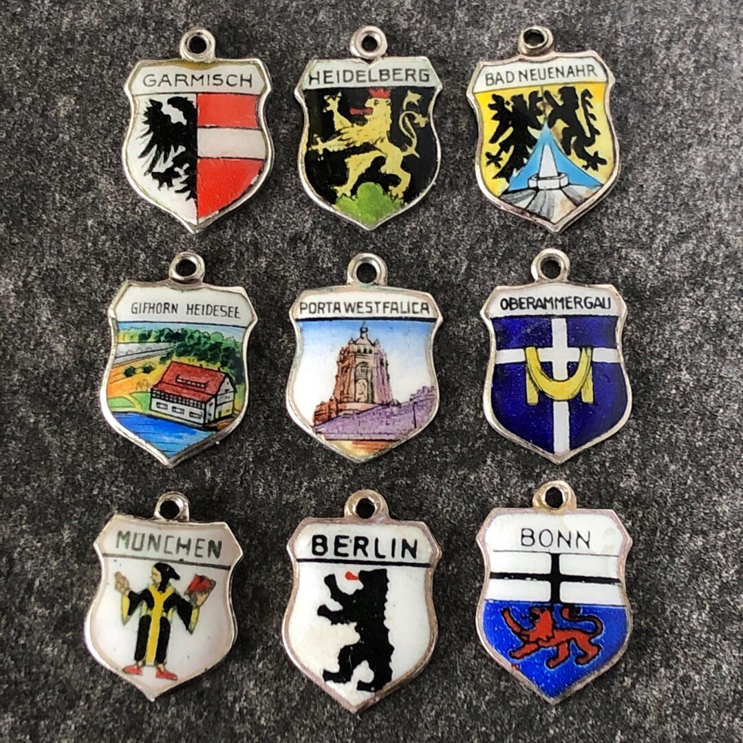 Vintage Enamel Shield Travel Charms 835, 800 Silver, Garmisch ...
