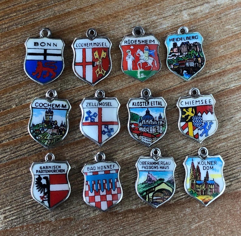 Vintage Germany Travel Shield Charms Silver and Enamel Cologne, Bad ...