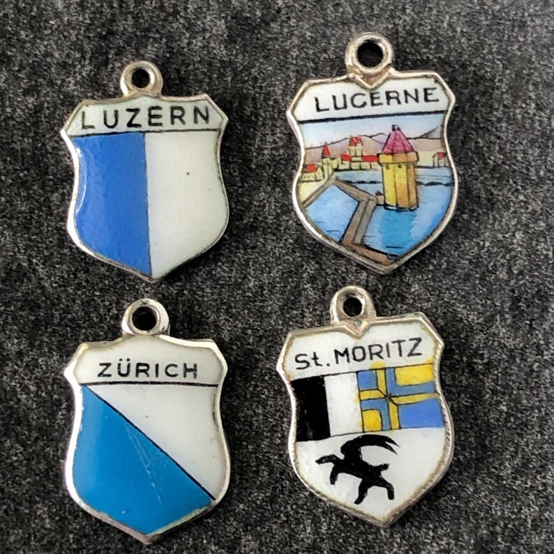 Vintage Silver Enamel Travel Shield Charms Swiss, Switzerland (schweiz ...