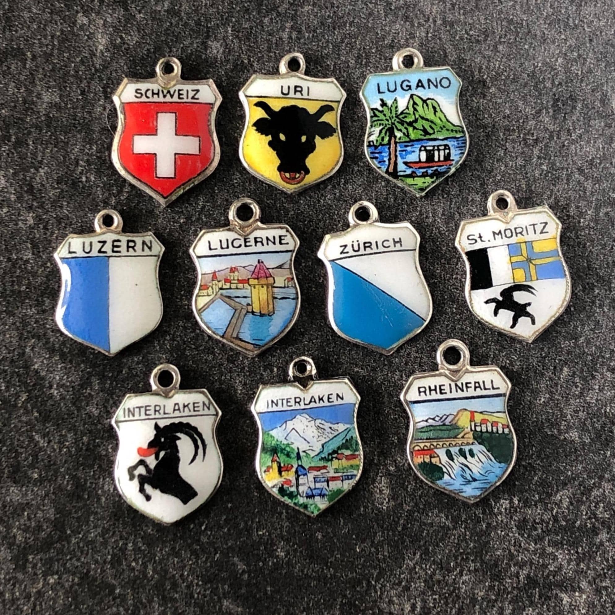 Vintage Silver Enamel Travel Shield Charms Swiss, Switzerland (schweiz ...