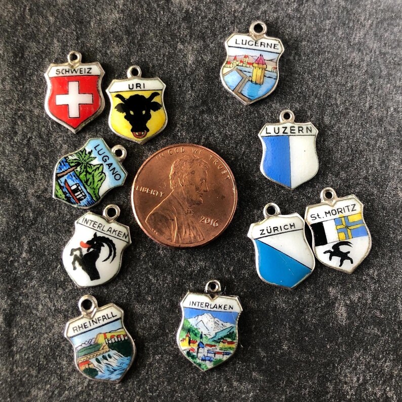 Vintage Silver Enamel Travel Shield Charms Swiss, Switzerland (schweiz ...