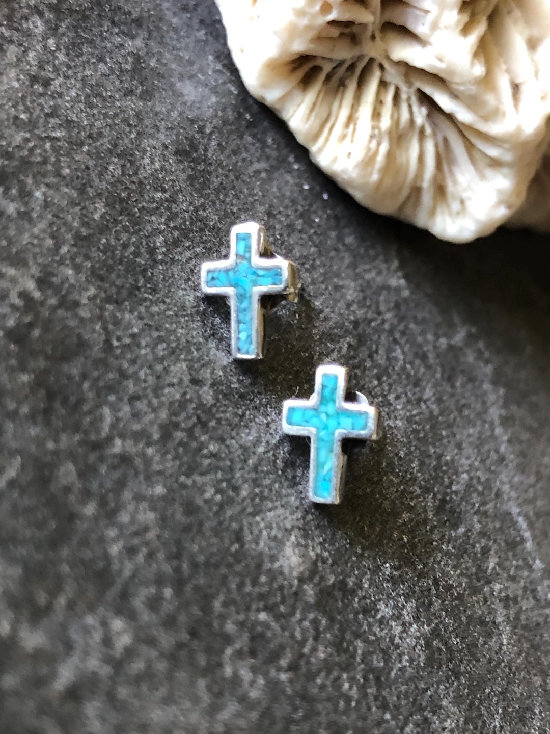 Turquoise Inlay Sterling Silver Cross Earrings - Mid-century Pierced ...