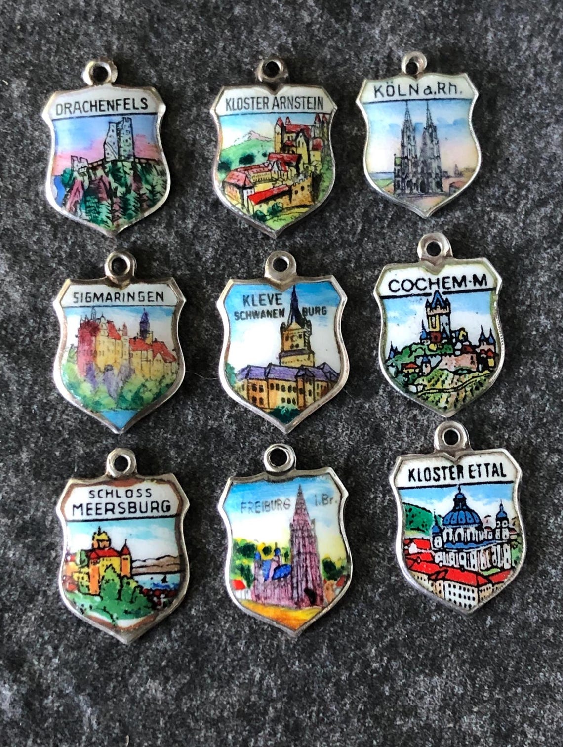 Vintage German Enamel Travel Shield Charms: Castles & Cathedrals, 800 ...