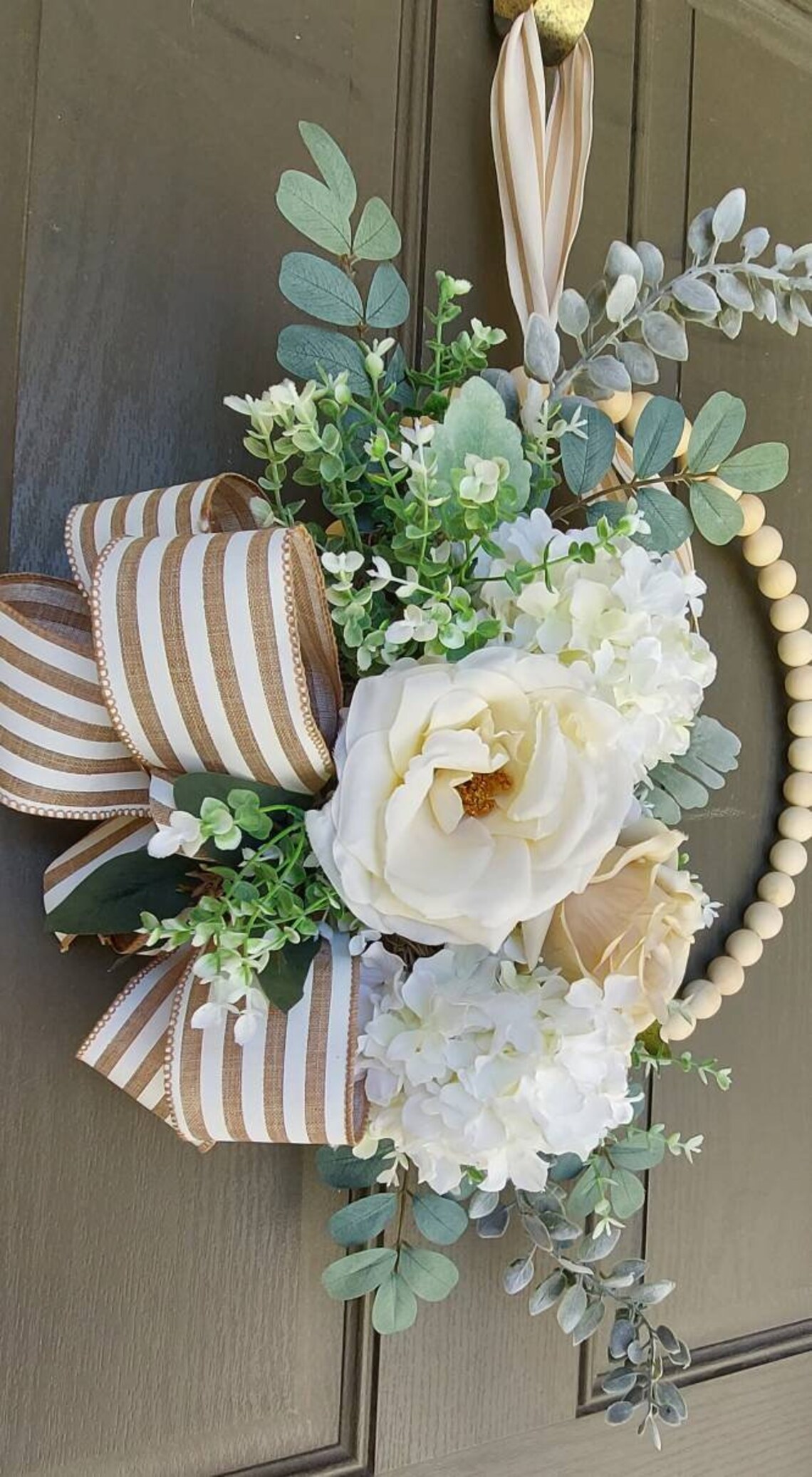 Neutral Wreath for Front Door. All Season Wreath. Wooded Beads Wreath ...