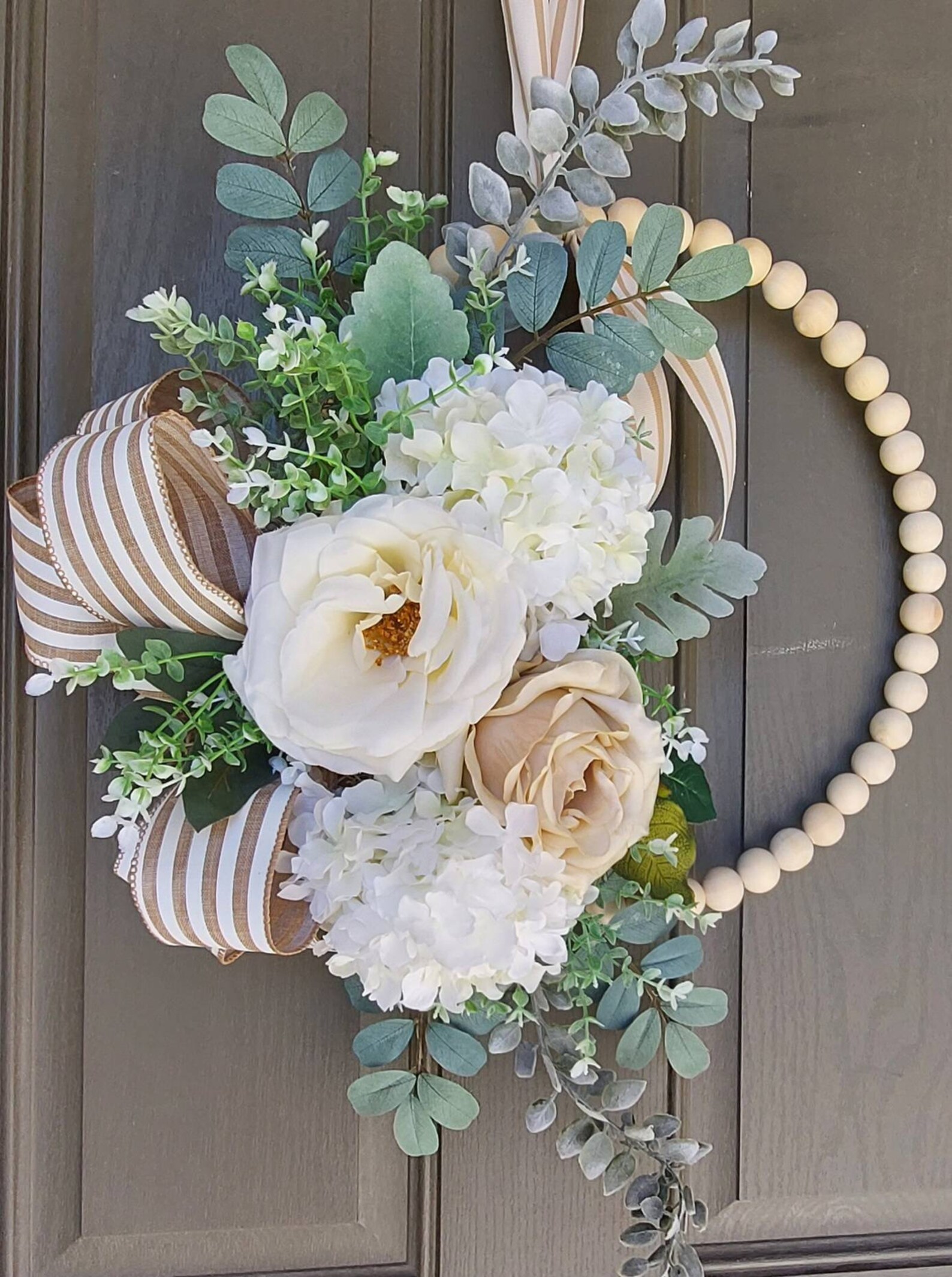 Neutral Wreath for Front Door. All Season Wreath. Wooded Beads Wreath ...