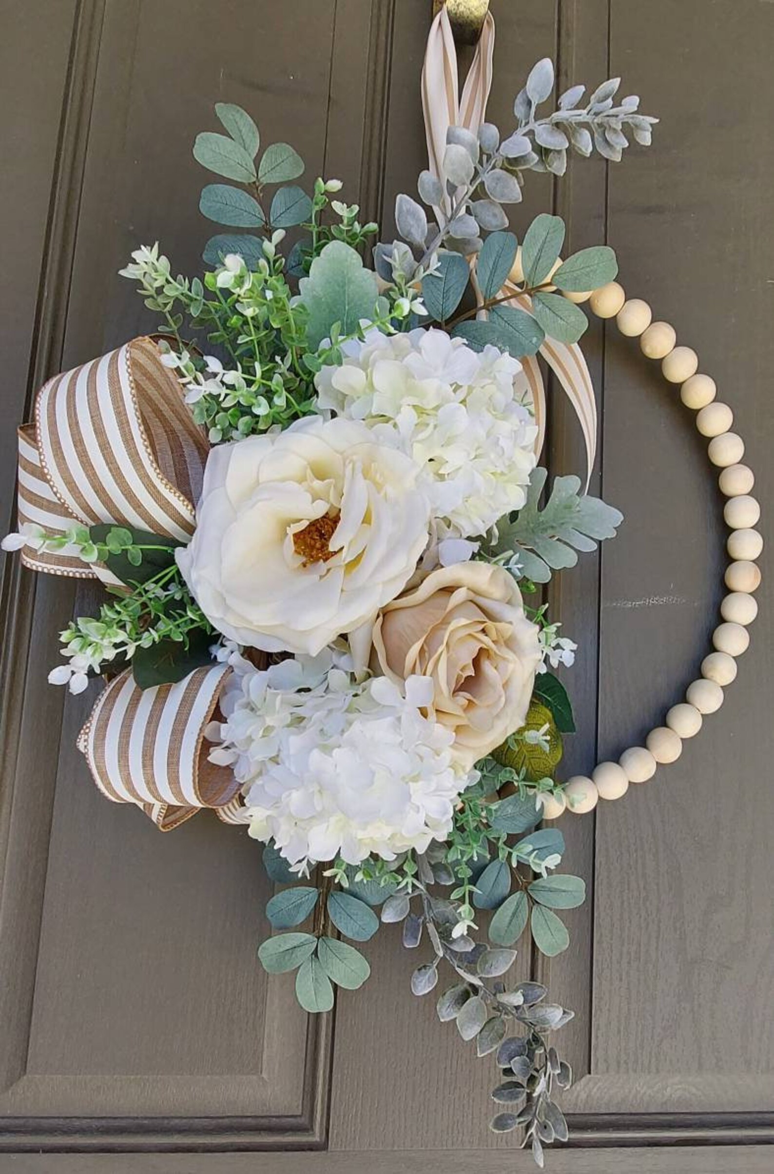 Neutral Wreath for Front Door. All Season Wreath. Wooded Beads Wreath ...