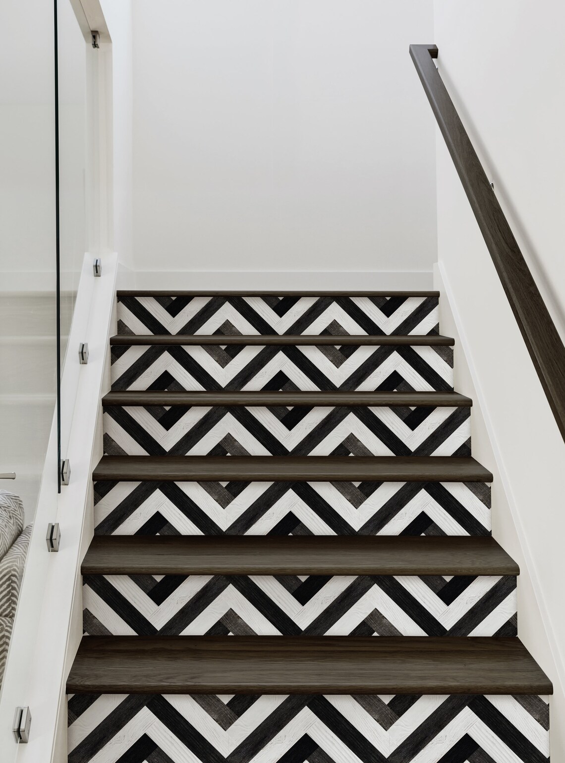Chevron Striped Wood Black and White Stair Riser Wallpaper | Etsy