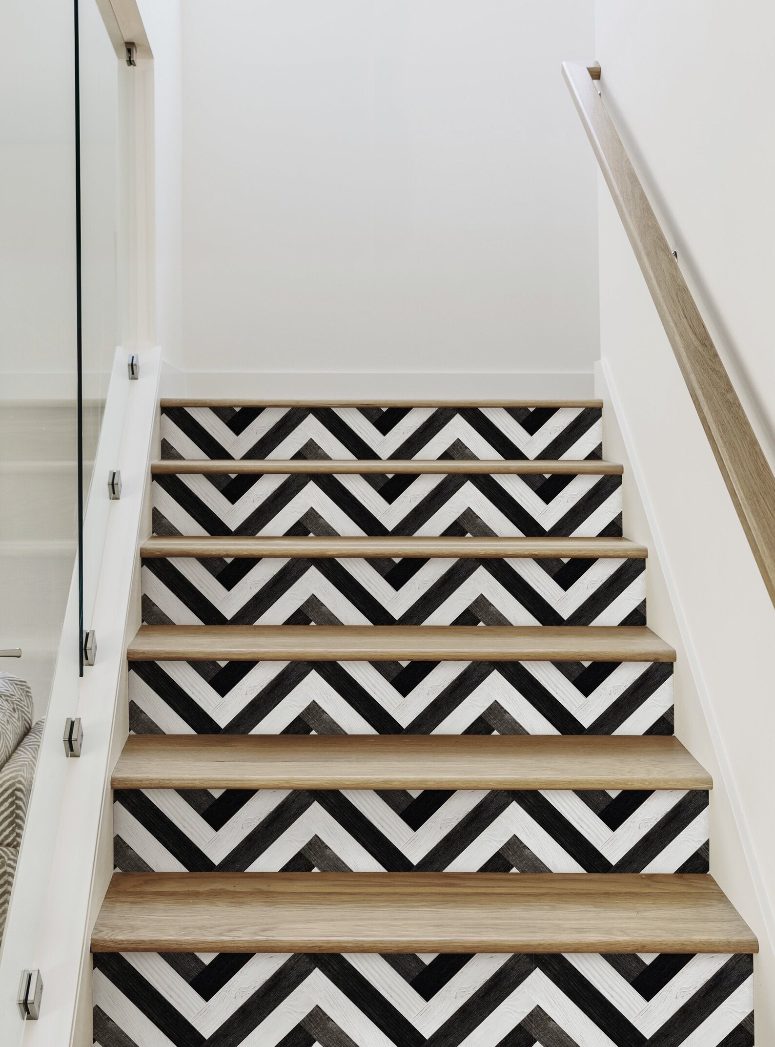 Chevron Striped Wood Black and White Stair Riser Wallpaper | Etsy