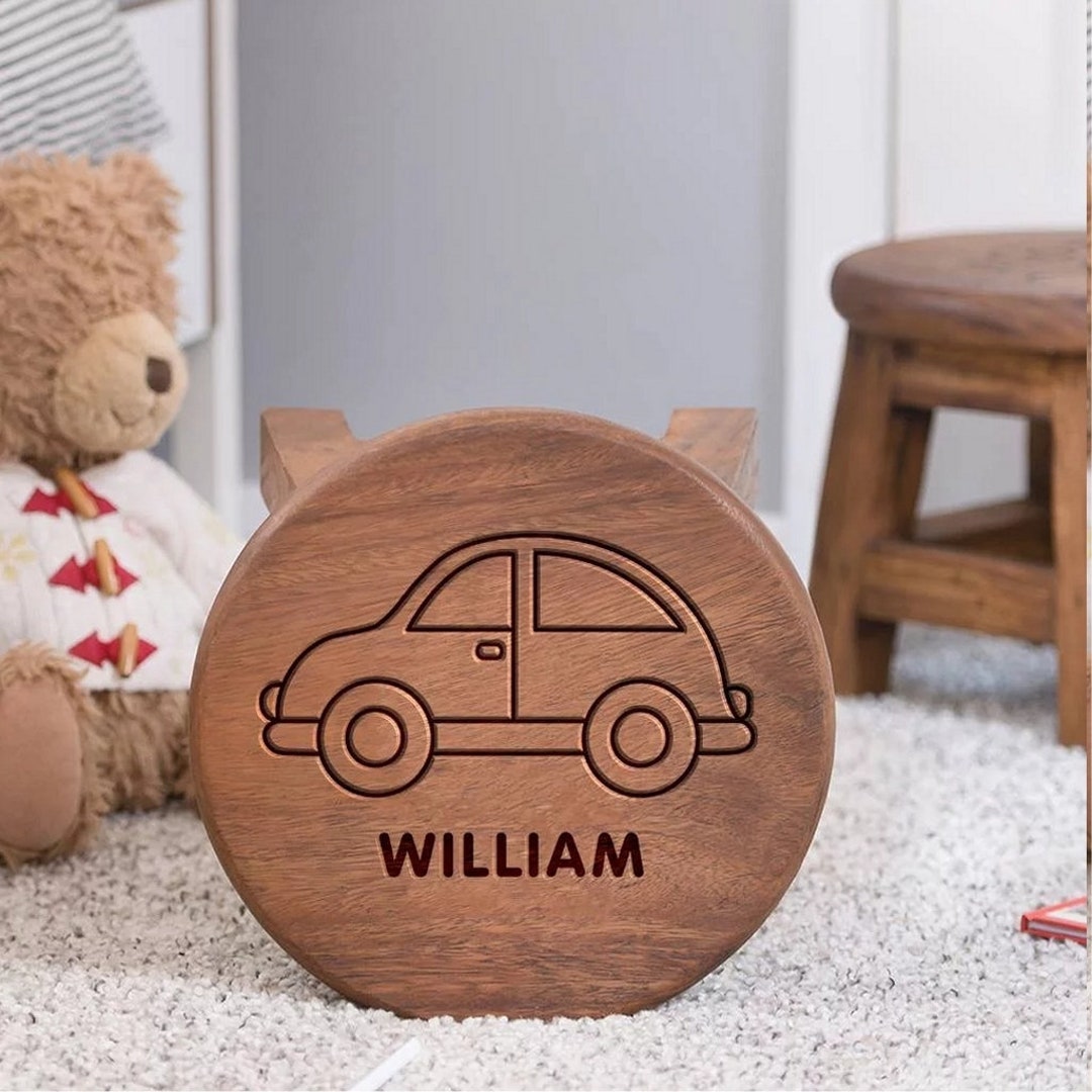 Personalised Wooden Car Stool for Children, Rustic Solid Wood Stool ...