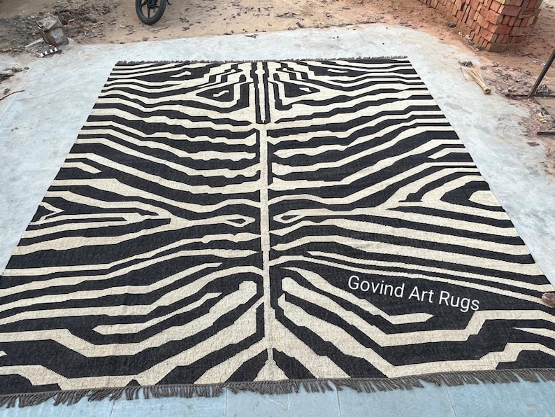 Handwoven Wool Jute Kilim Rug Black and White Zebra Rug , Vintage Wool ...