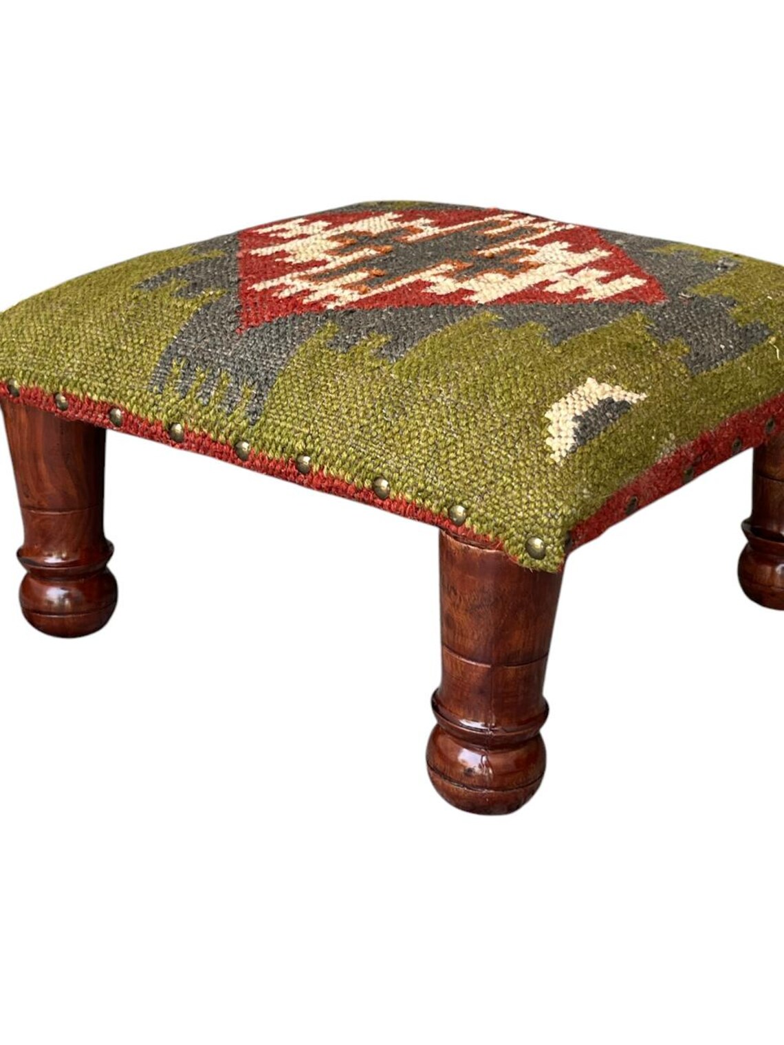 Handcrafted Acacia Wood Pouf | Low Kilim Upholstered Footstool Ottoman ...