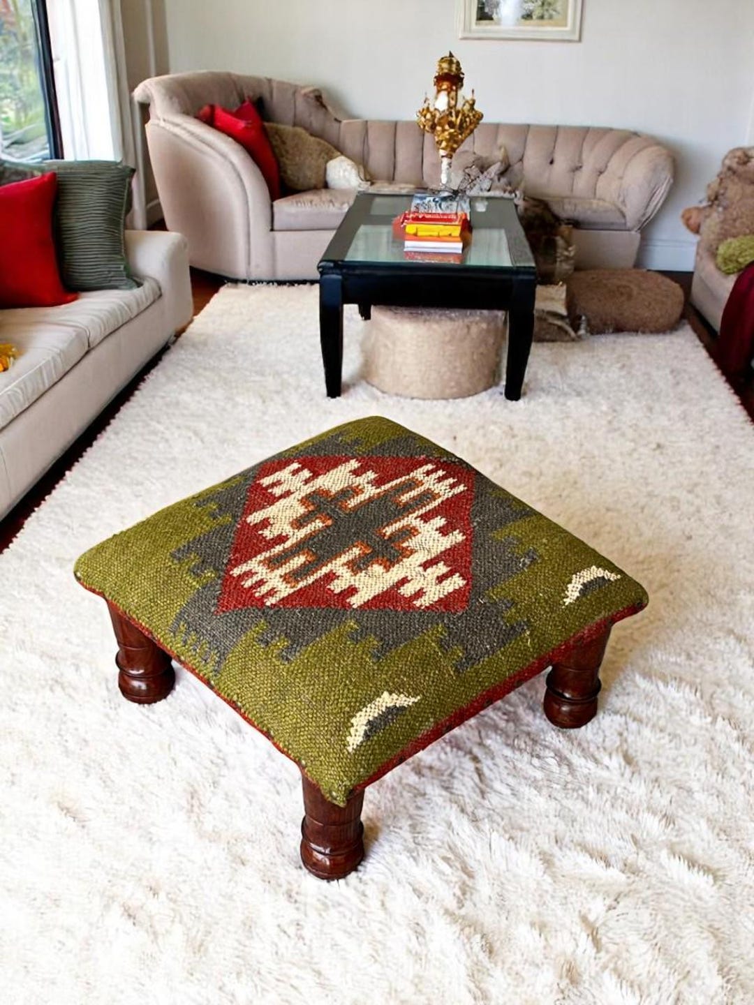 Handcrafted Acacia Wood Pouf | Low Kilim Upholstered Footstool Ottoman ...