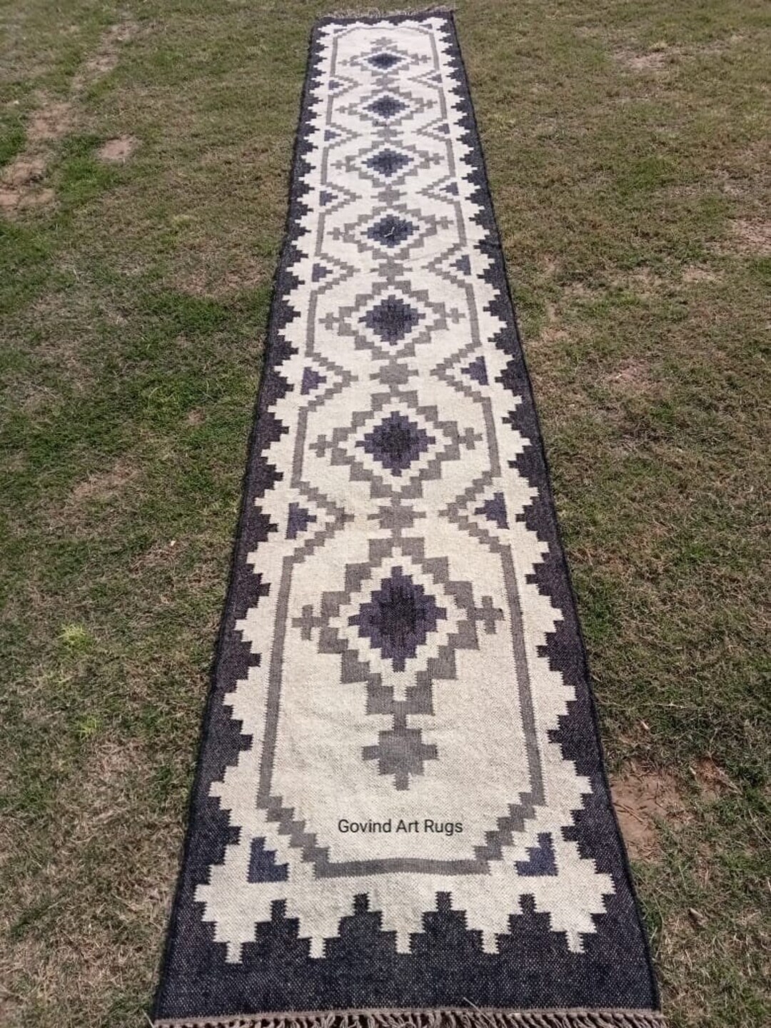 White and Black Kilim Hallway Runner, Wool Jute Runner, Custom Size ...