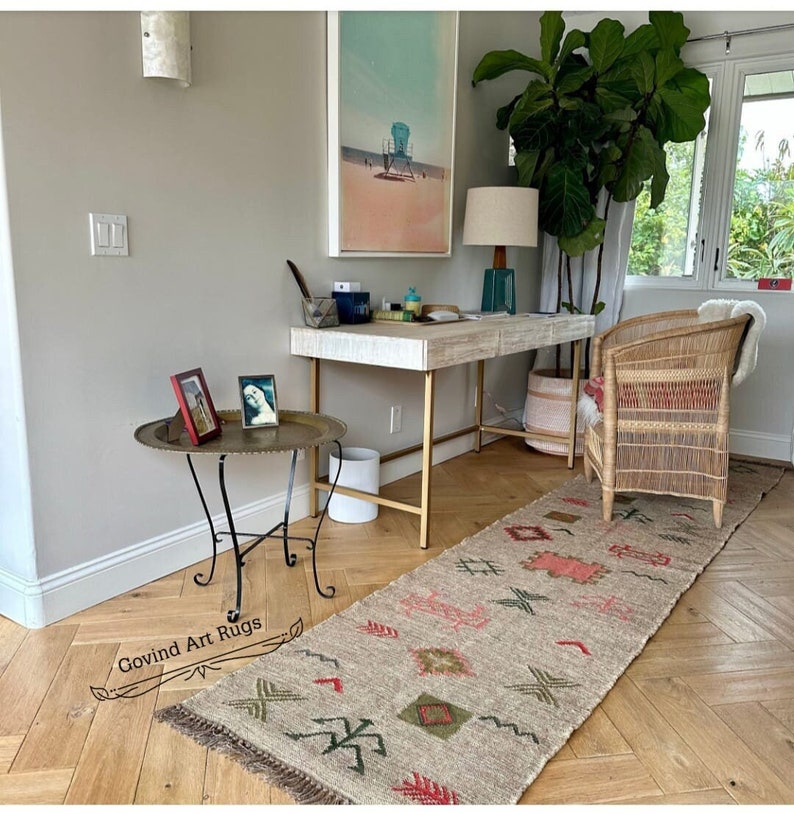 Kilim Runner Handwoven Wool Jute Rug Handmade Kilim Dhurrie Rug, Motifs ...