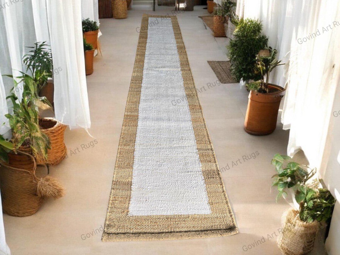 White Jute Runner Rug With Beige Border, Stair Jute Runner, Hemp Jute ...
